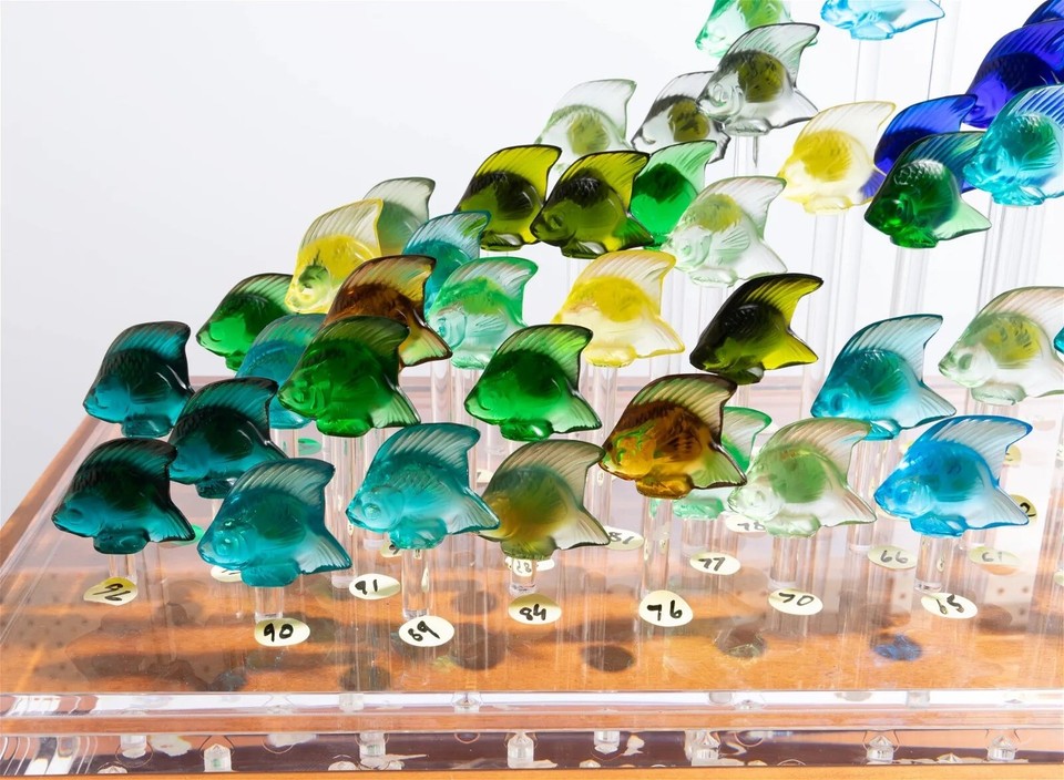 Rare Lalique Crystal Aquarium Sculpture 100 Fish w/Custom Display Table ...
