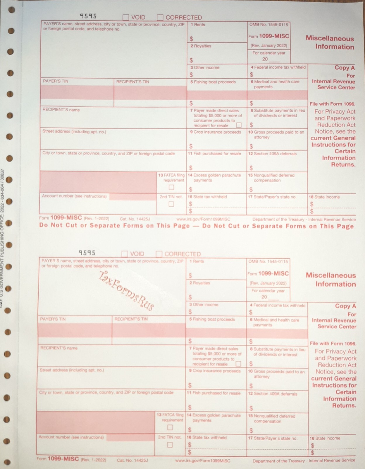 2022 IRS Tax Form 1099-MISC Carbonless for 10 recipients + (2) 1096 ...