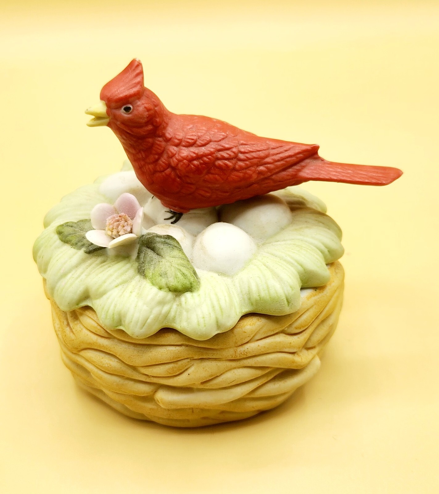 Vintage Lefton Cardinal On Nest Trinket Box, Hand Painted, Bisque ...