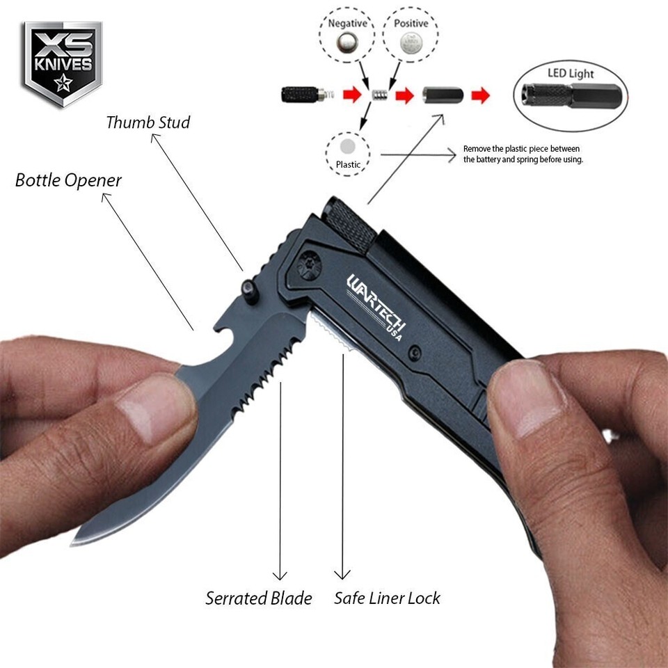 Black EDC Spring Open Assisted LED Multifunction Pocket Knife Survival MULTITOOL | eBay