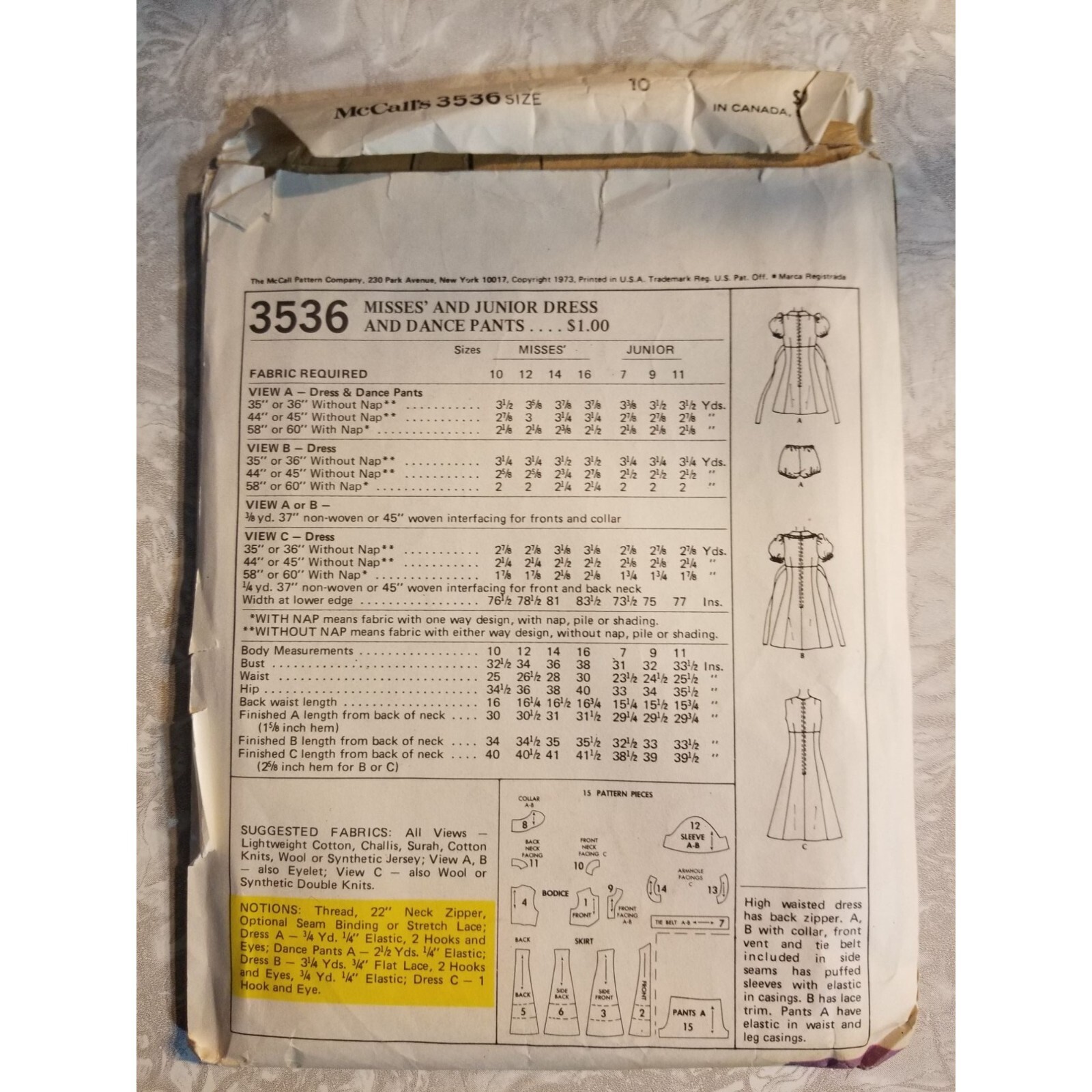 McCall's Vintage Patterns 3536, Size 10, Complete/cut, 1973 Dress and ...