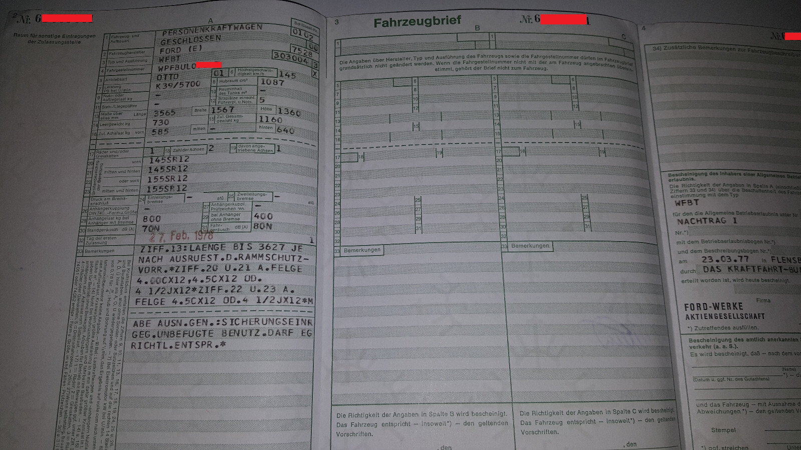 Fahrzeugbrief Oldtimer KFZ Brief 1978 Ford Fiesta WFBT 1,1 39kw für ...