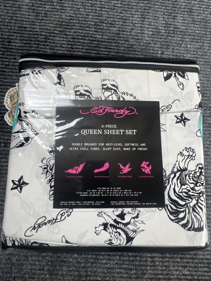 Ed Hardy 6-piece sheet set-Queen Size-Tattoo Roses, Skulls, Eagles ...