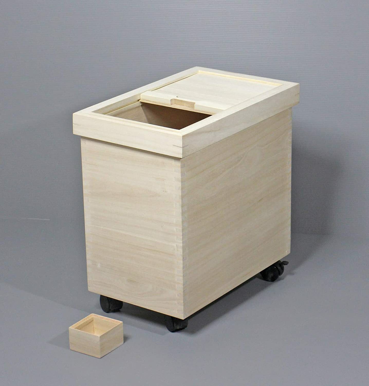 20kg Japanese Wooden Rice Bin Storage Removable Lid w/Casters & Rice ...