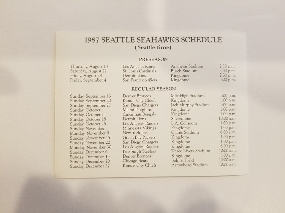 Seattle Seahawks 1987 NFL Football Pocket Schedule - King Television | eBay