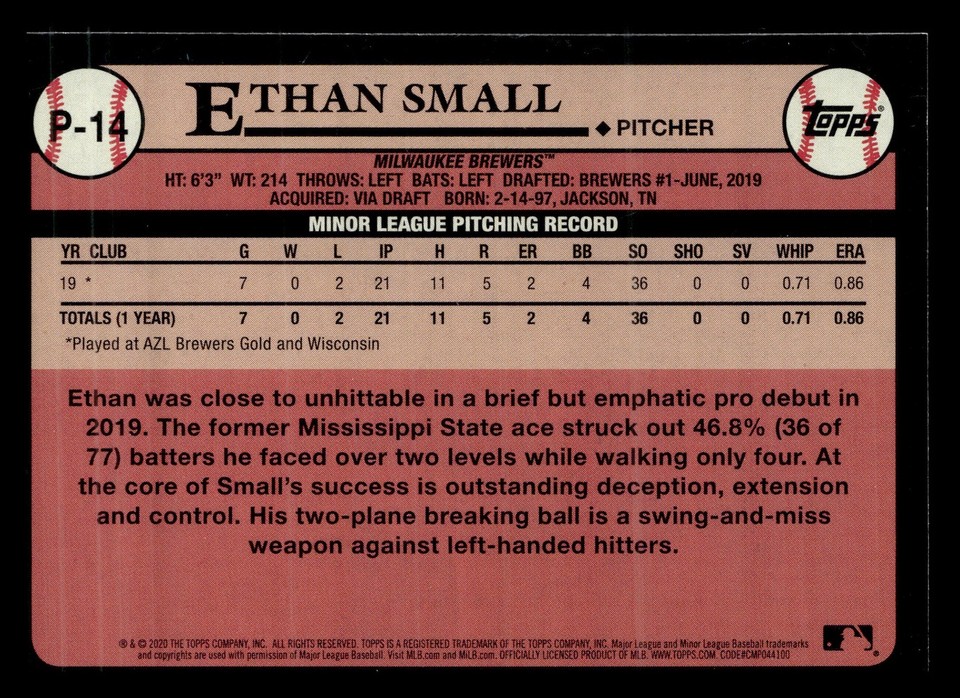 Ethan Small 2020 Topps Update #P-14 Milwaukee Brewers BASEBALL ROOKIE ...