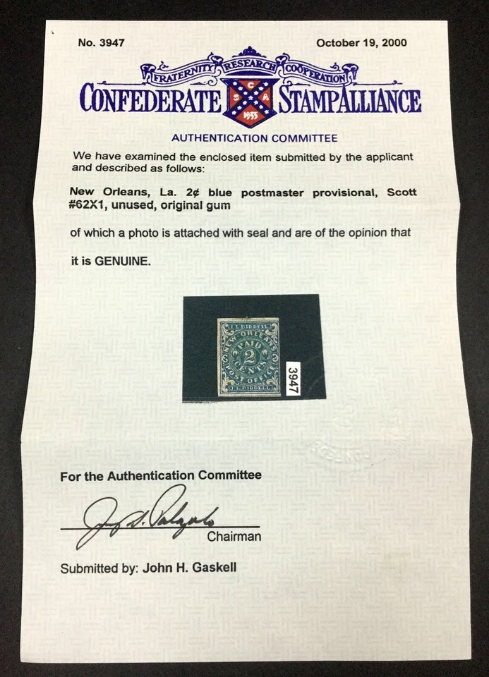 MOMEN: US STAMPS CSA #62X1 PROVISIONAL IMPERF MINT OG H CSA CERT LOT ...