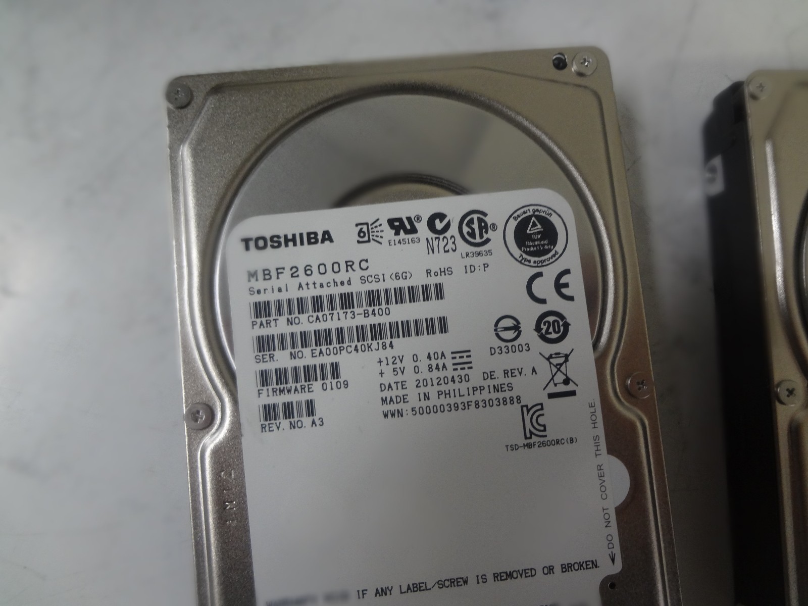 (LOT OF 5) Toshiba MBF2600RC CA07173-B400 6Gbps 16MiB 600gb 2.5" SAS ...