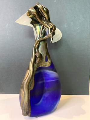 Filip Ravert Signed Scupture ART GLASS Vase Copper Overlay/Cobalt Blue ...