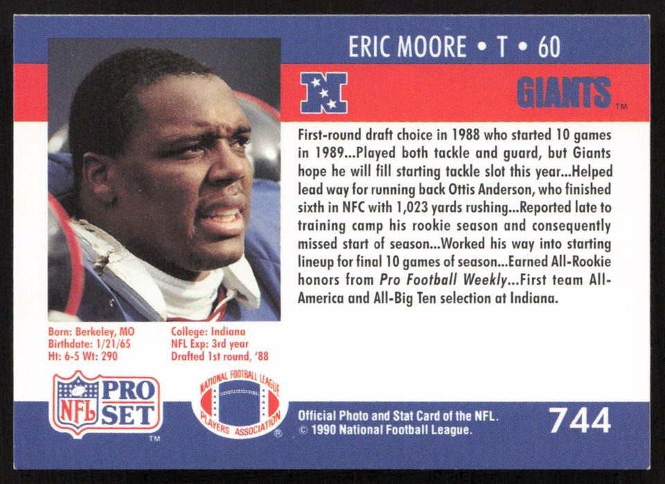 1990 Pro Set Eric Moore #744 New York Giants | eBay