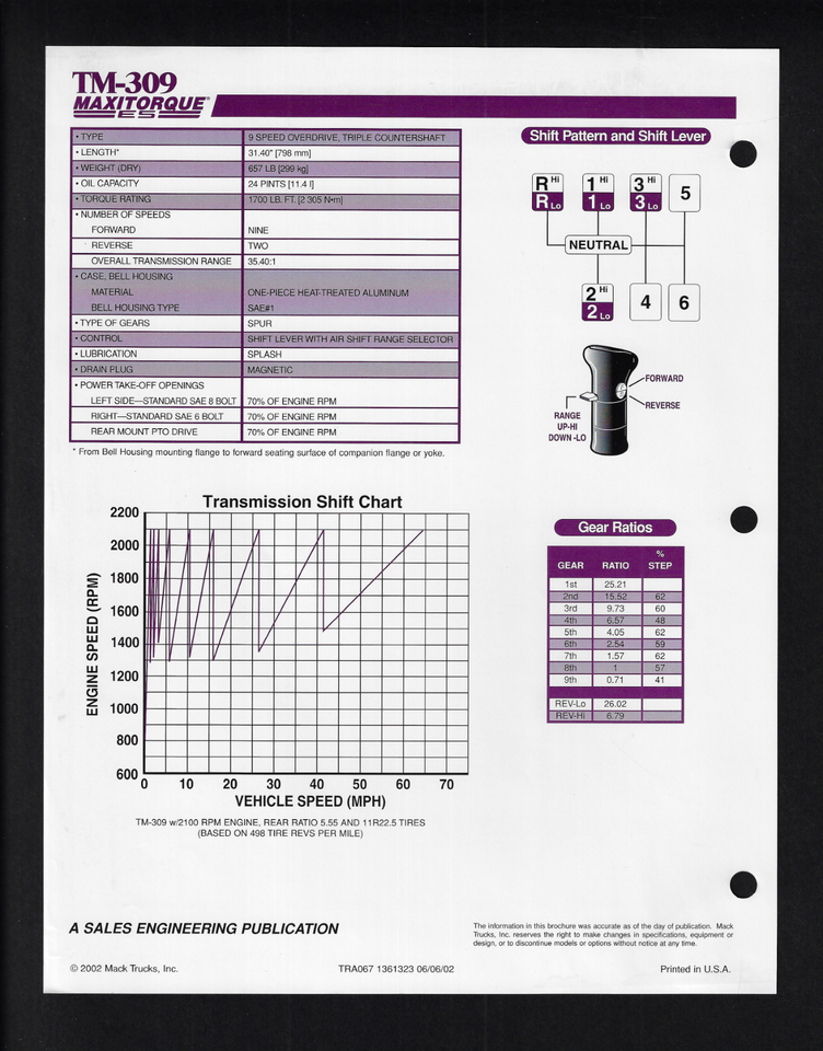 MACK TRUCKS TM-309 MAXITORQUE ES TRANSMISSION SPECIFICATIONS BROCHURE ...