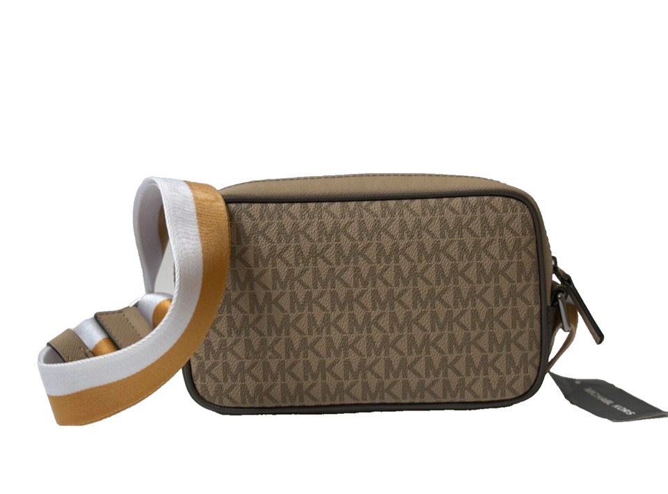 MICHAEL KORS RIVINGTON STRIPED CROSSBODY CAMERA BAG WITH POUCH MK BROWN ...