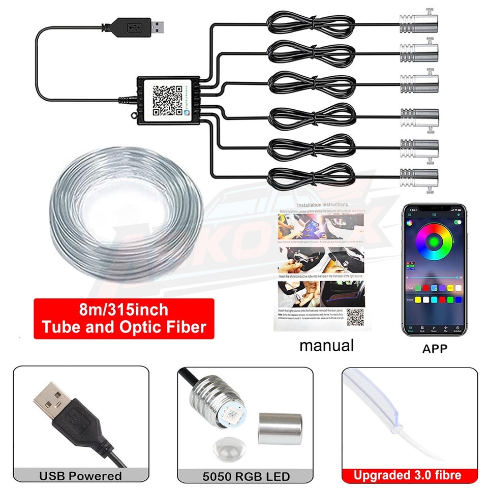 8M LED Neon Light Trim Glow Optic Strip Fiber Car Interior Ambient ...