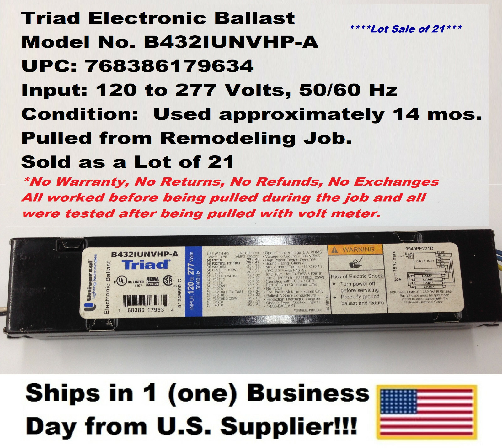 TRIAD B432IUNVHP-A BALLAST (Sold as a Lot of 21) Used/Tested UPC ...