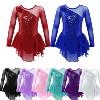 Kid Girls Shiny Mesh Skating Competition Dance Costume Leotard Ballet ...