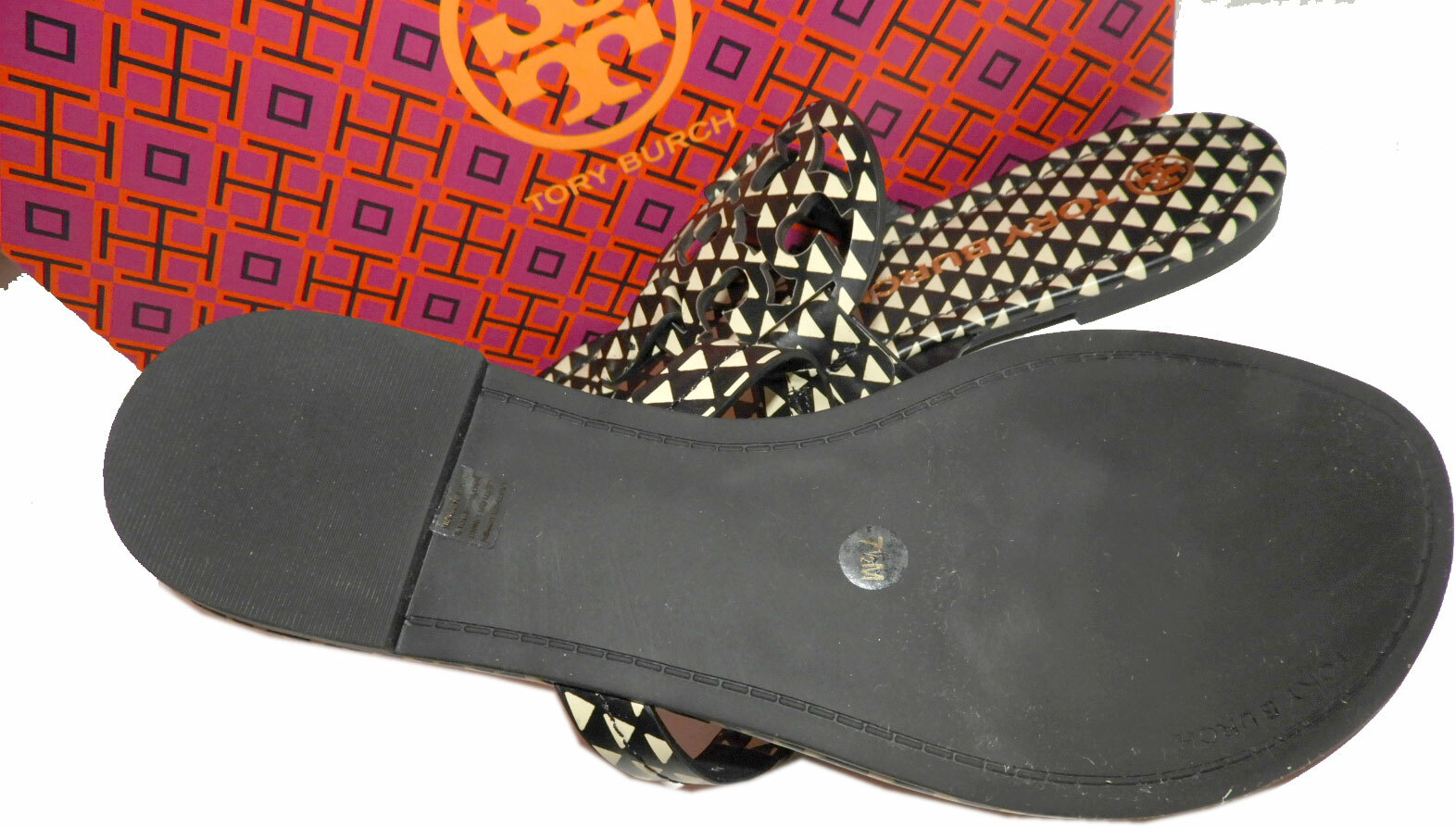 TORY BURCH Miller Thongs Leather Sandals Triangle Geo Flip Flops Slides ...