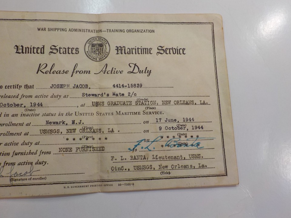 WW2 Merchant Marine Document 1944 New Orleans Louisiana Release Active Duty WWII | eBay