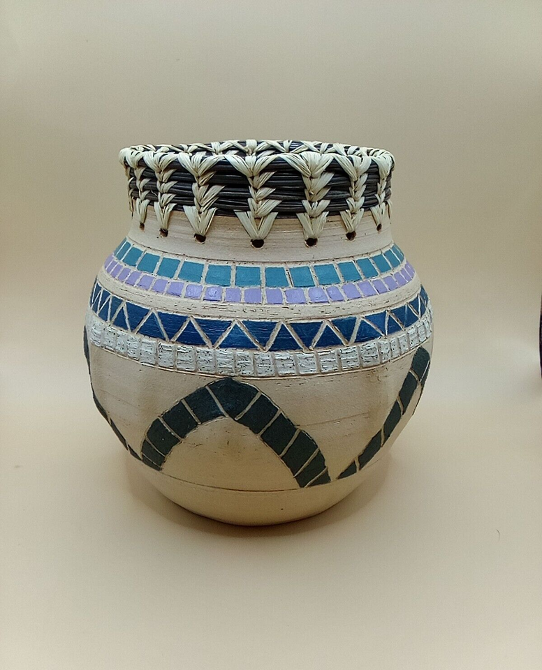 Signed Hand Painted Pottery Bowl Weaved Collar Native Tribal Planter 7 ...