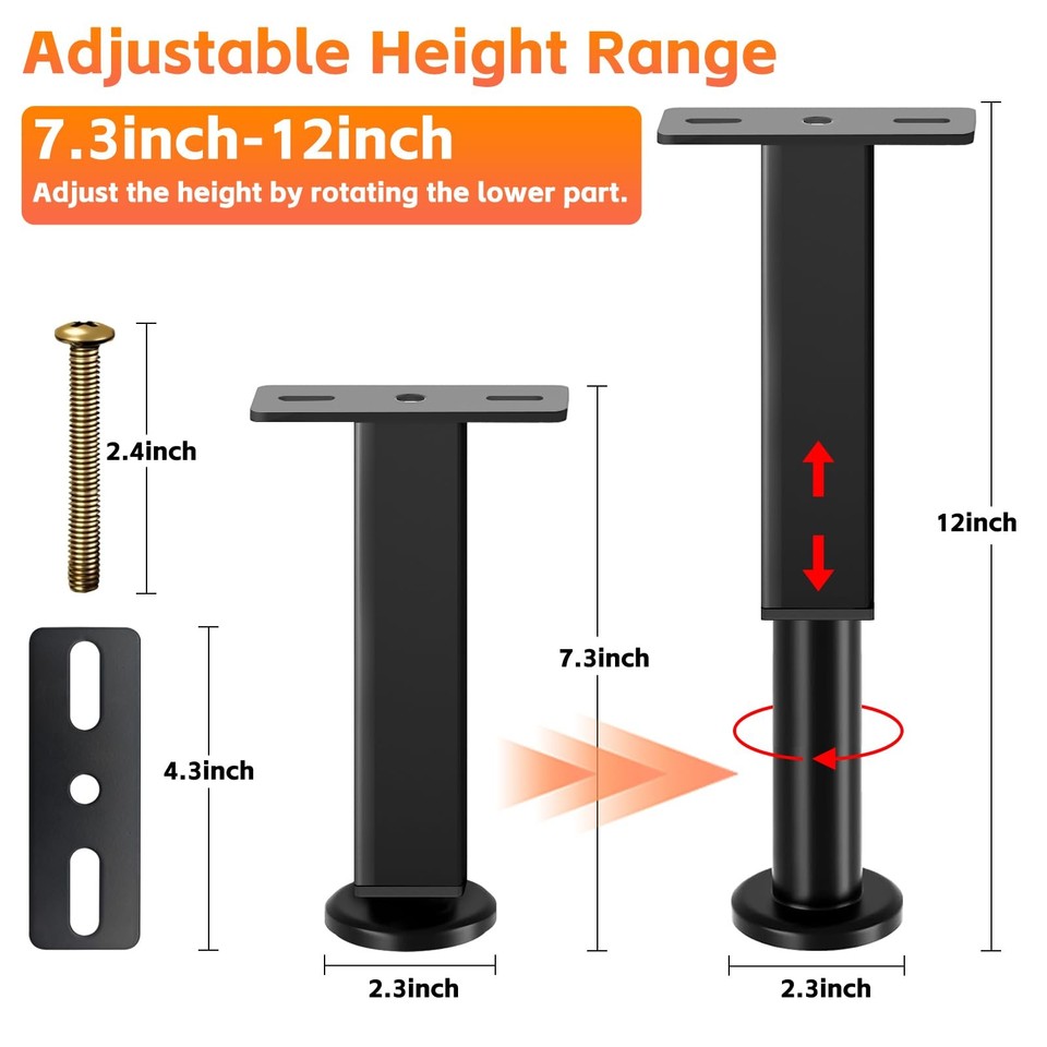4PCS Adjustable Height Bed Support Legs, 7.3-12 In, Metal Heavy ...