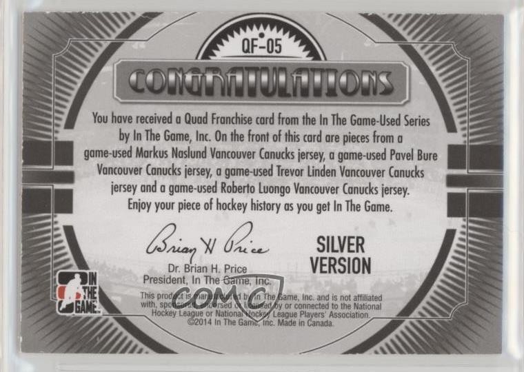 2013-14 In the Game-Used Quad Franchise Silver /60 Markus Naslund Pavel ...