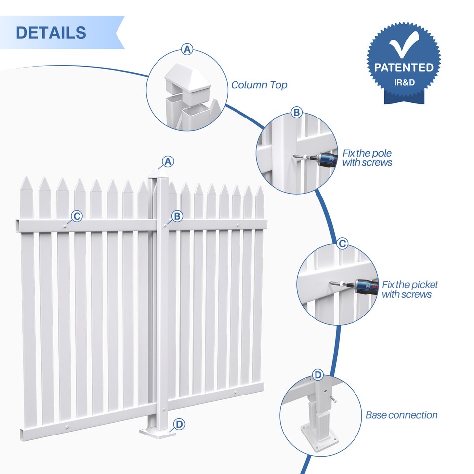 Vinyl Picket Fence PVC Panel White 84''Wx30''H Yard Garden Straight 20 ...