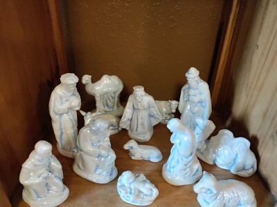 13-piece ceramic pearl white blue nativity set Christmas | eBay