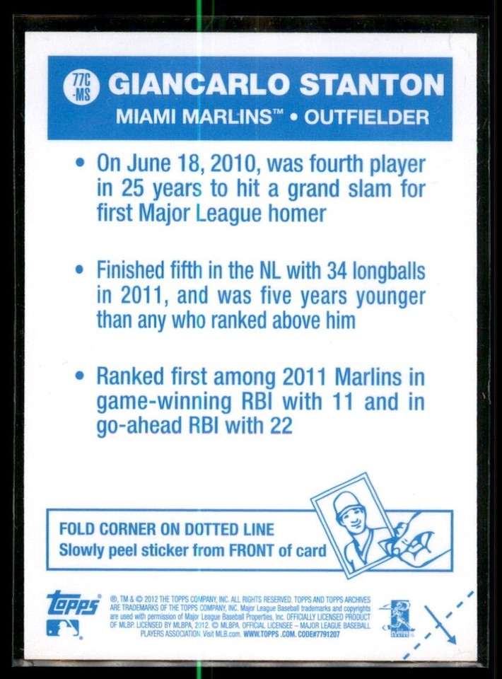 2012 Topps Archives Cloth Stickers Giancarlo Stanton #77C-MS Miami ...