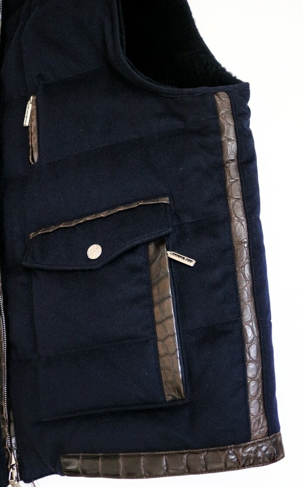 STEFANO RICCI Blue Reversible Beaver Cashmere Crocodile Down Vest Size ...
