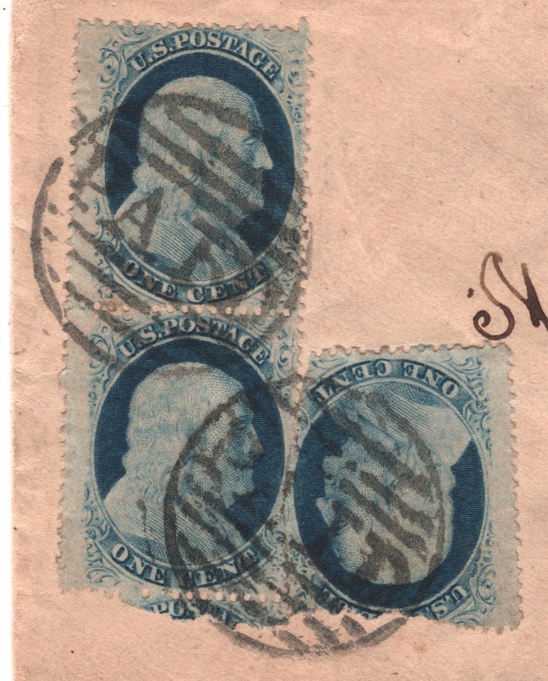 USA Classic 1c WASHINGTON Split Strip{3} Cover 1858? BOSTON CDS ...