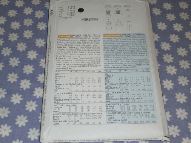 Butterick Pattern 3897 Dw3 David Warren Dress Top & Pant Pin Tucks 16 ...