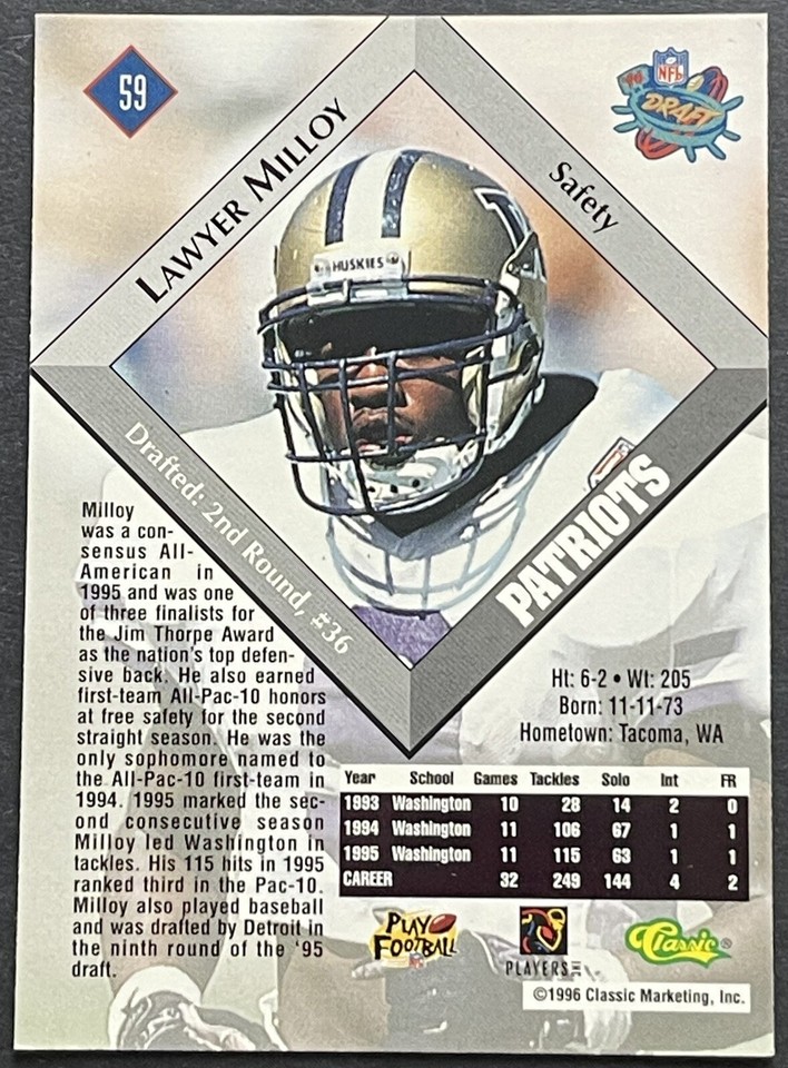 1996 Classic NFL Rookies #59 Lawyer Milloy | eBay
