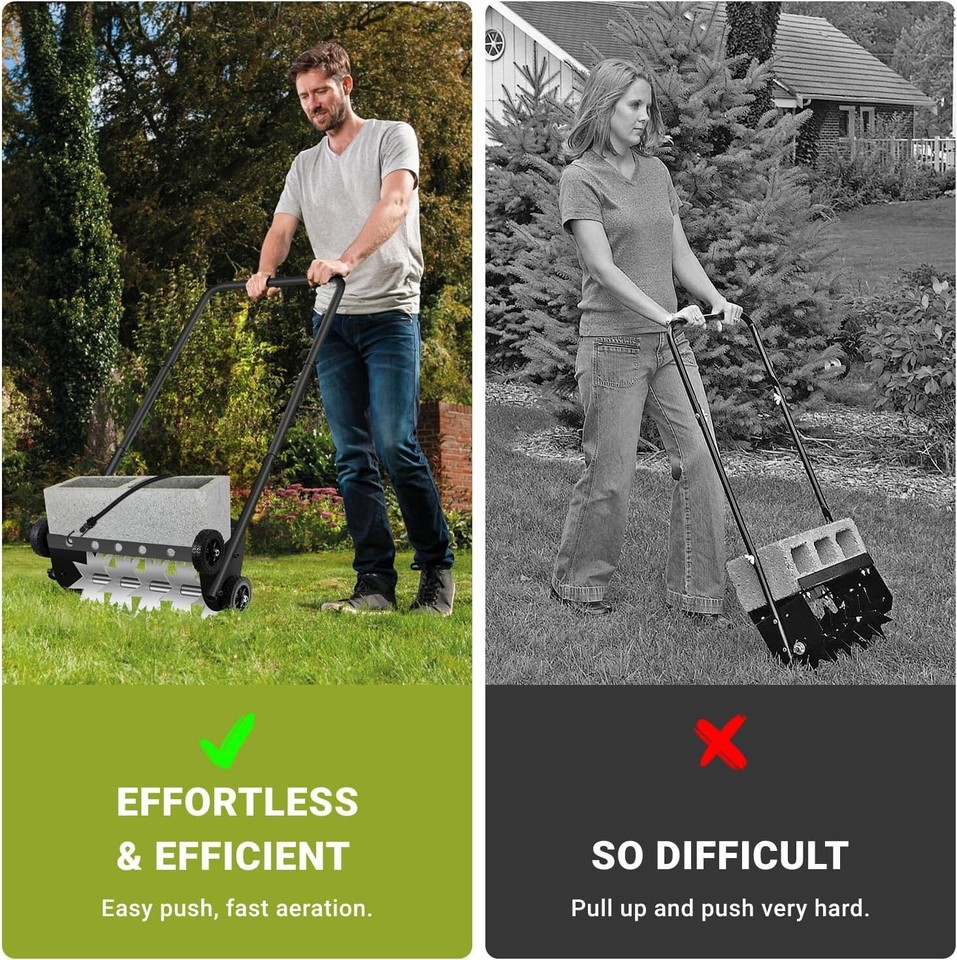 Push Spike Lawn Yard Aerator Tool 18in w/ 4 Wheels Heavy Duty Rolling ...