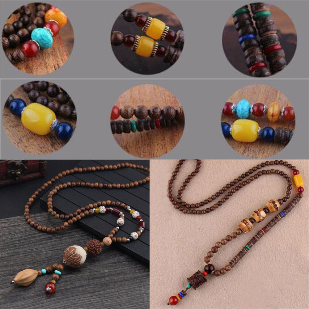 Statement Handmade Mala Wood Bead Nepal Necklace Buddhist Feather ...