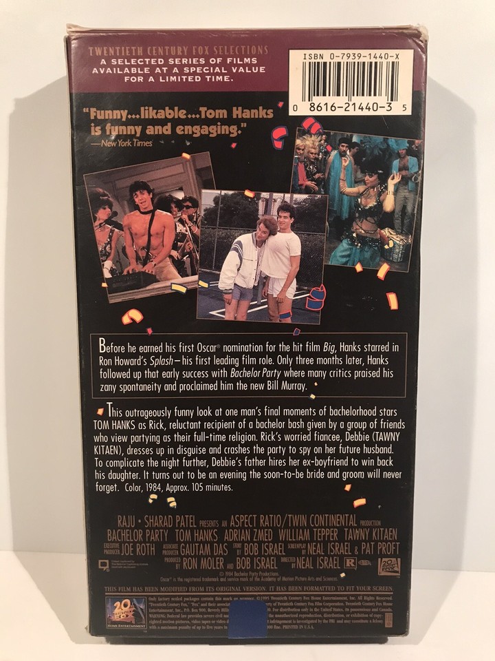 Bachelor Party VHS 1984 Tom Hanks Adrian Zmed Comedy VTG Funny Movie | eBay