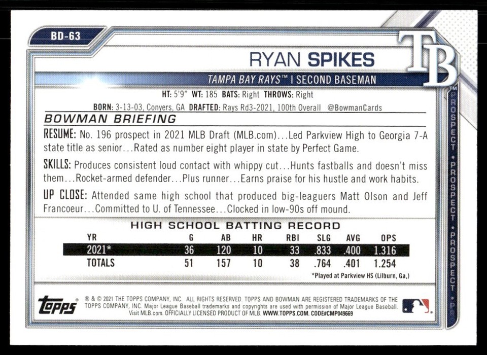 2021 Bowman Draft Ryan Spikes G289 Tampa Bay Rays #BD-63 | eBay