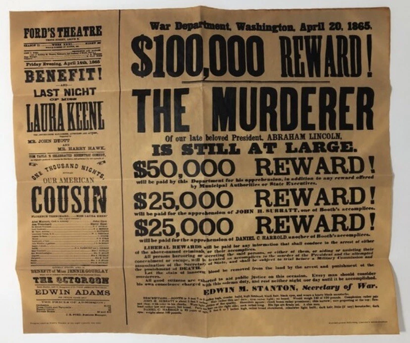 John Wilkes Booth Wanted Poster Original
