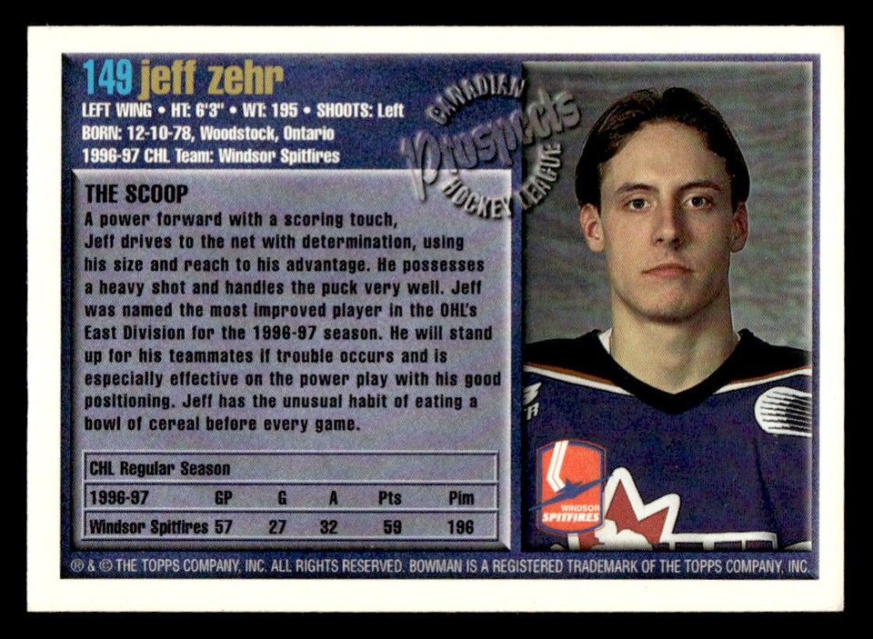 Jeff Zehr 1997 Bowman CHL #149 Windsor Spitfires | eBay