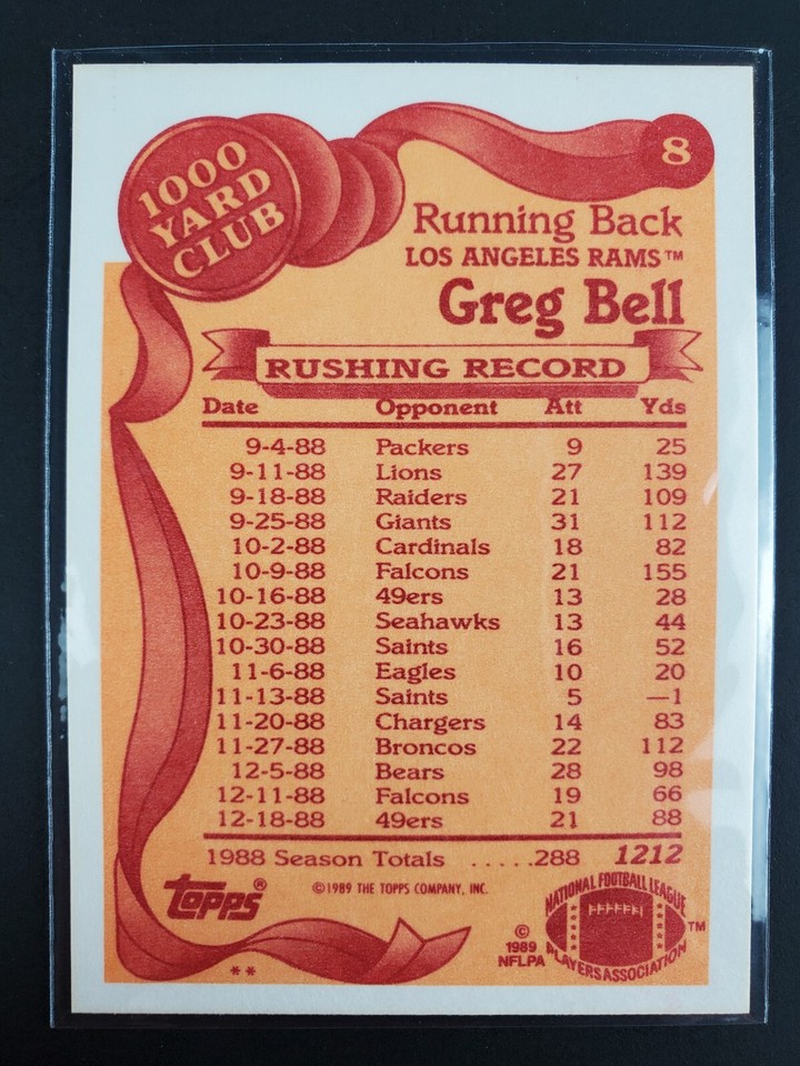 1989 Topps Greg Bell 1000 Yard Club Los Angeles Rams #8 | eBay