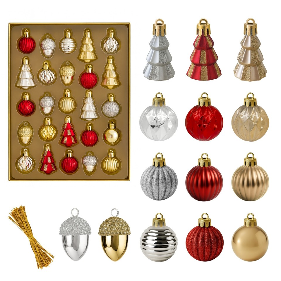 Christmas Tree Bauble Set 25pc Red Gold Silver Xmas Decorations Small ...
