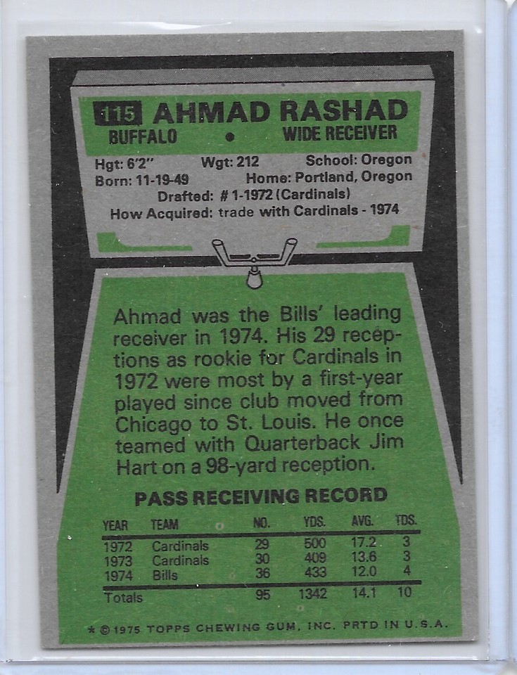 1975 Topps #115, Ahmad Rashad, Buffalo Bills; Very Nice!! | eBay