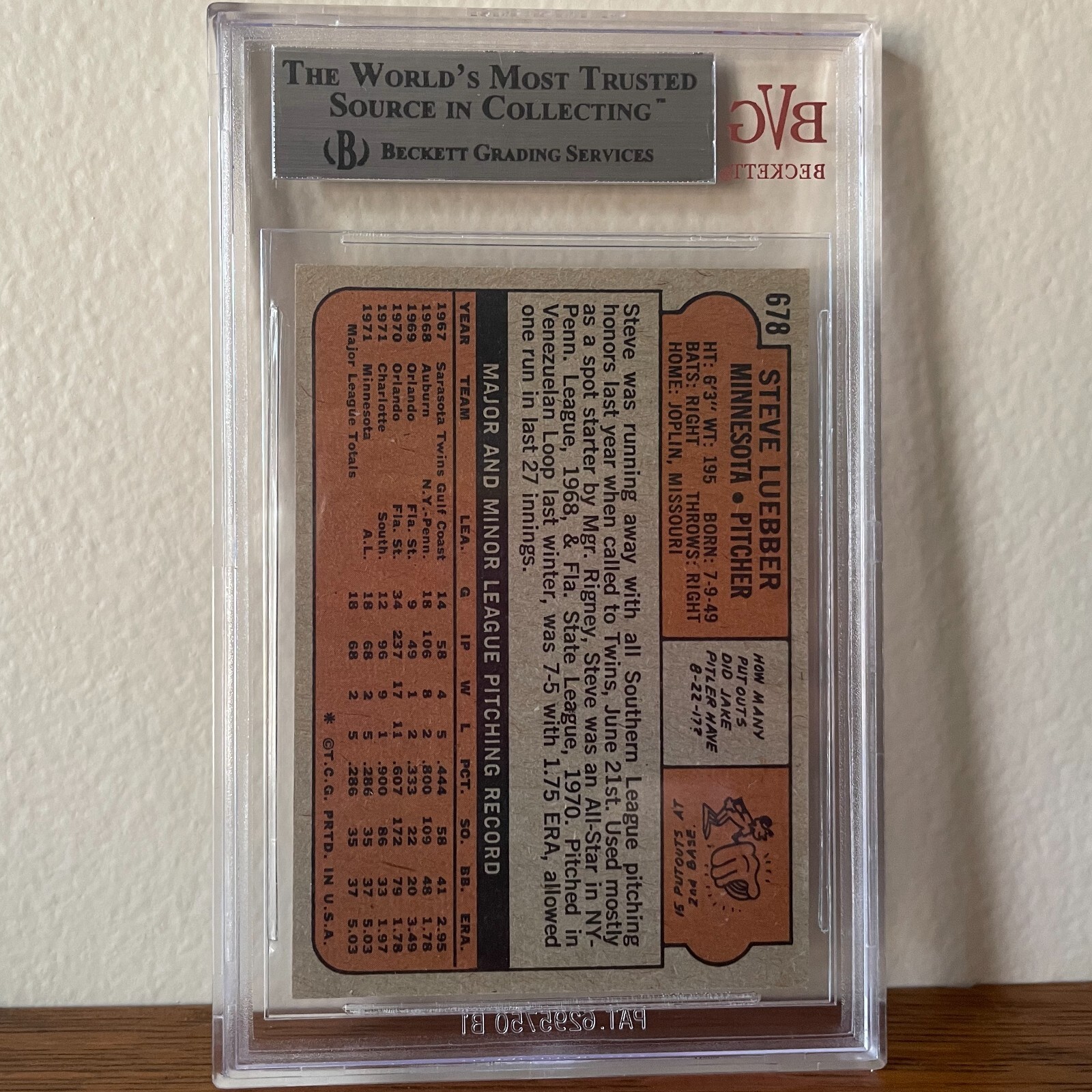 1972 Topps Vault File Copy 1 OF 1 Card 678 STEVE LUEBBER MN TWINS BVG ...