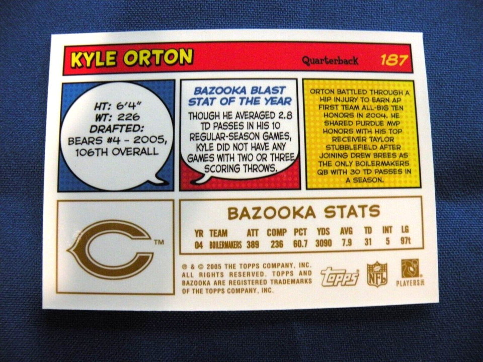 2005 Topps Bazooka Football Gold Parallel R/C Kyle Orton Chicago Bears ...