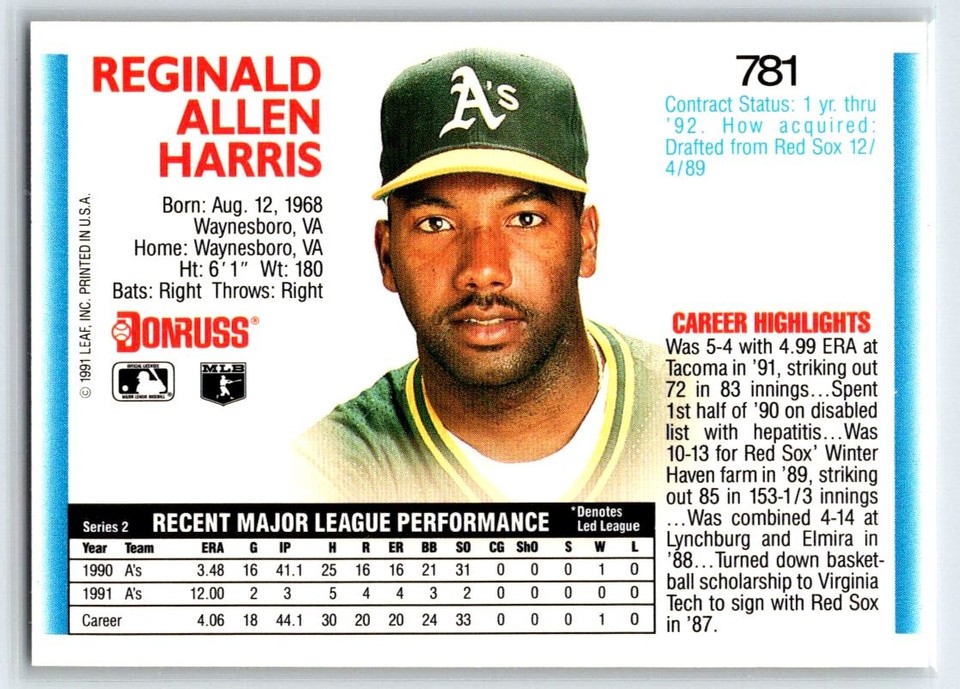 1992 Donruss #781b Reggie Harris Oakland Athletics | eBay