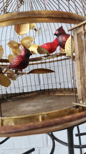 Antique Hendrix Bird Finch Canary Cage W/ Glass Cardinals & Curtis Jeer ...