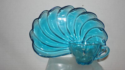 SET OF (4) Hazel Atlas Glass Capri Blue Colonial Swirl Seashell Snack ...