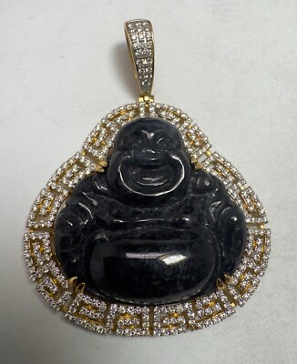 10K Yellow Gold Black Jade Buddha Pendant Charm Embedded with ...
