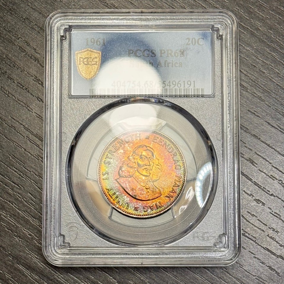 PR68 1961 South Africa 20 Cent Silver Proof, PCGS- Vivid Rainbow Toned ...