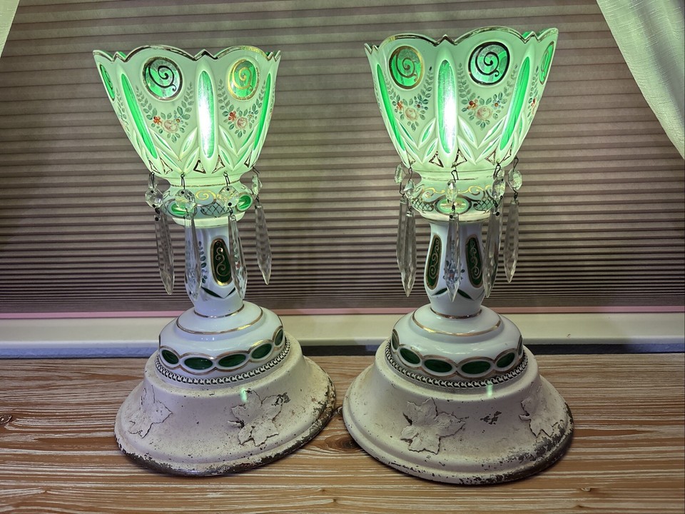 Antique Pair Czech Bohemian Mantle Luster Lamps ~ Cased Glass White Cut ...