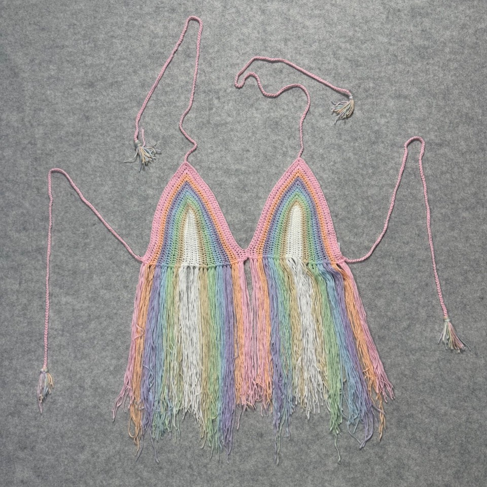 Crochet Rainbow Hot & Delicious Fringe Size L String Bikini Acrylic ...