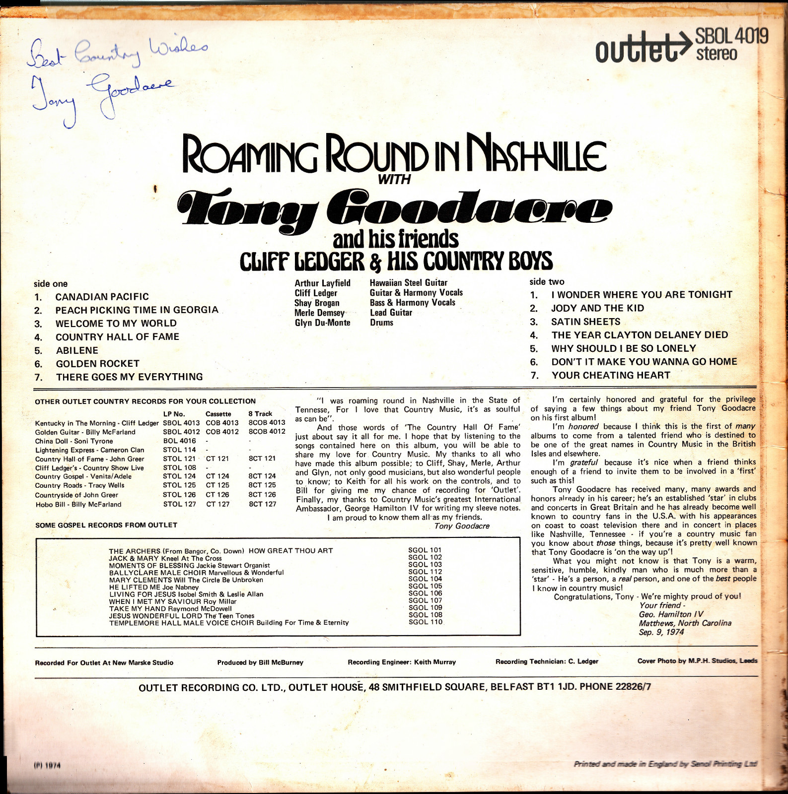 TONY GOODACRE ROAMING ROUND IN NASHVILLE signed Cliff Ledger & His ...